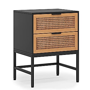Tribesigns 2-Drawers Nightstands Set of 2, Black Wood Night Stand, Mid-Century Bedside Table, Retro Nightstands with Metal Legs, Bed Side Table for Bedroom, Rattan Nightstand with Big Storage
