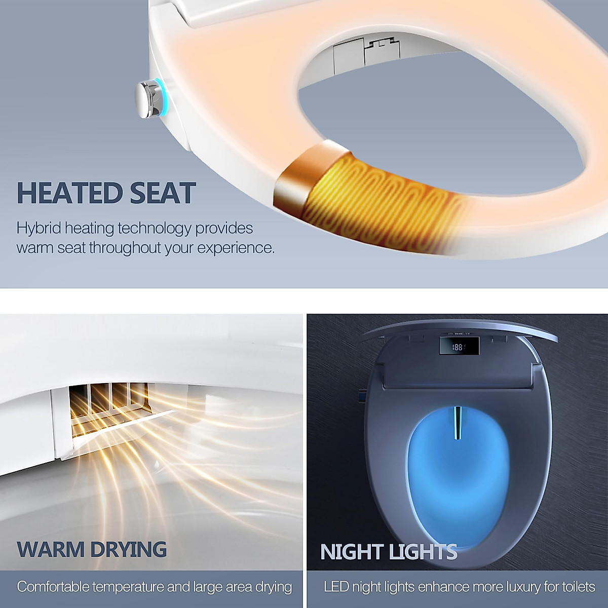 WLJBIDET Smart Bidet Toilet Seat Elongated Remote Control, Electronic Heated Seat with Unlimited Bidet Warm Water Cleaning, Warm Air Dryer, LED Night Light, Toilet Seat Slow Close, Display Screen