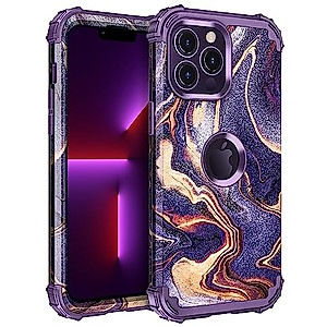 LONTECT iPhone 13 Pro Max Case - 6.7" Marble Shockproof Heavy Duty Cover for Girls & Women, Dark Purple