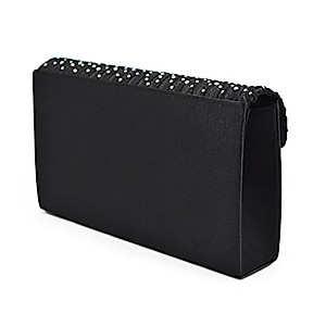 Premium Rainbow Rhinestones Pleated Front Satin Envelope Clutch Evening Bag, Black