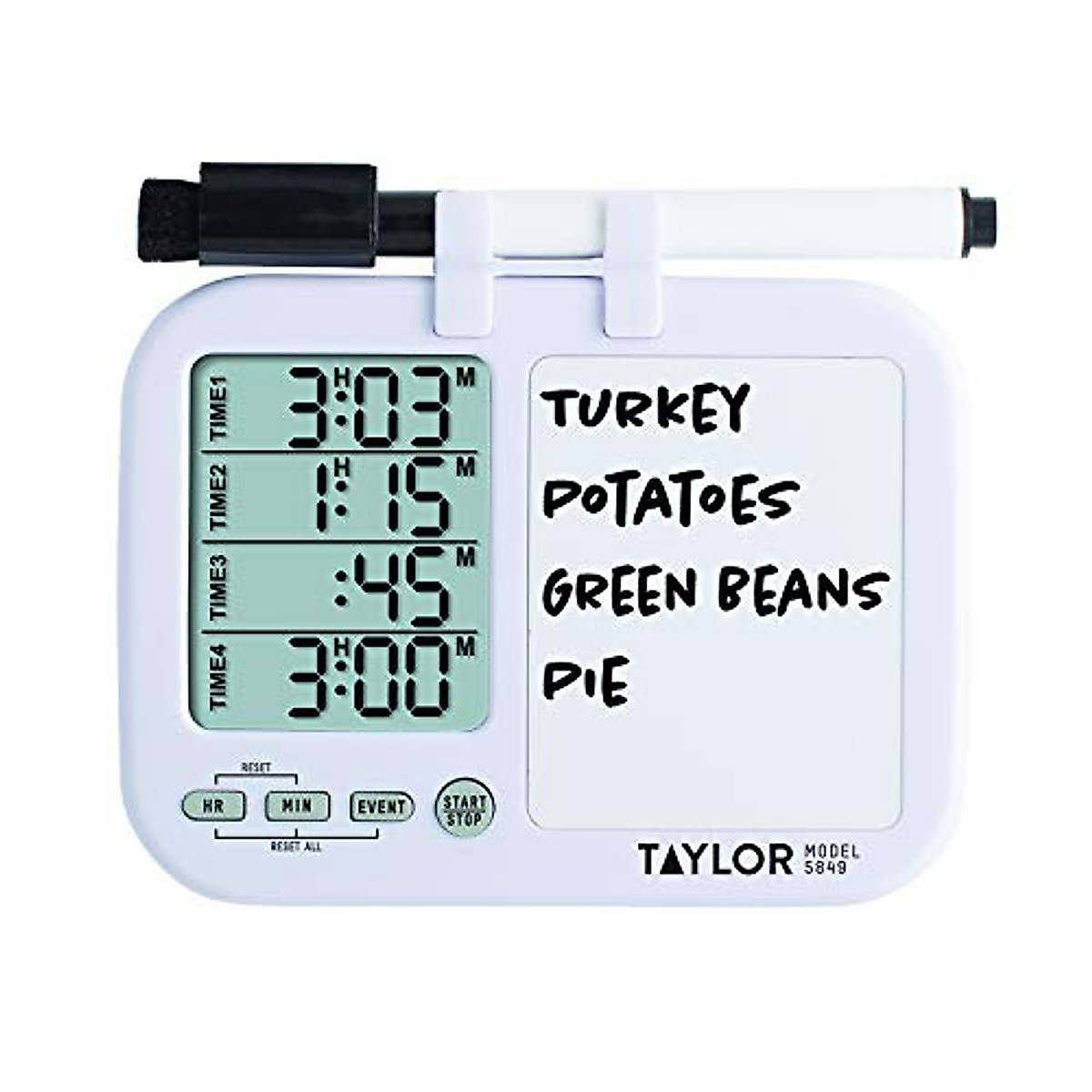 Taylor Four-Event Digital Timer with Whiteboard for School, Learning, Projects, and Kitchen Tasks, white