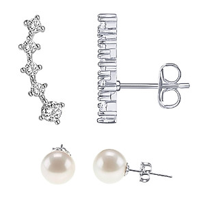 PAVOI Womens White Gold-Plated Base Sterling Silver Post Climber Arrow Ear Crawler Pearl Earrings