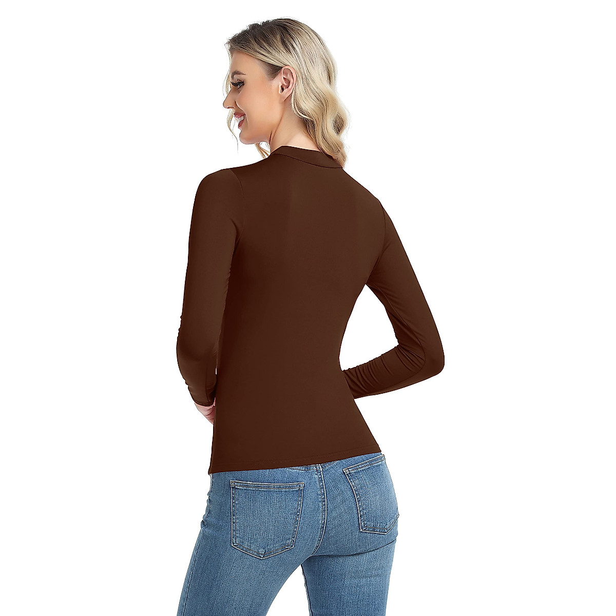 Women Thermal Shirt Fleece Lined Long Sleeve Soft Stretchy Mock Neck Tee Tops Coffee Small