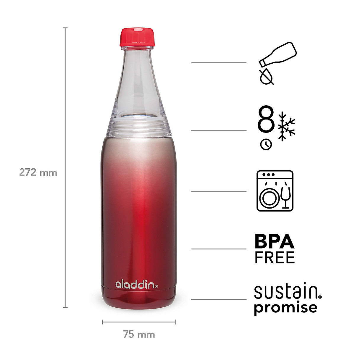 Aladdin Fresco Twist and Go Stainless Steel Vacuum Insulated Water Bottle, Red, 0.6 Litre