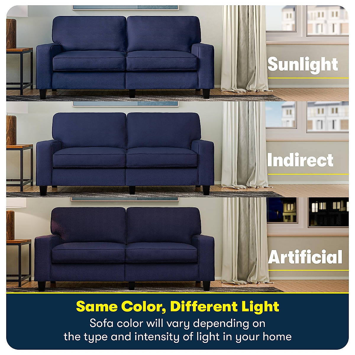 Serta Palisades 78" Track Arm Sofa, Easy Care Polyester, Soft Pillow Back, Pocket Coil Seat Cushions, Removable Covers, Loveseat or Couch for Small Spaces, Living Rooms or Bedrooms, Navy Blue