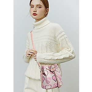 ZLM BAG US Women Girls Faux Leather Drawstring Bucket Bag Pink Heart Print Hobo Shoulder Purse Mini Crossbody Bag