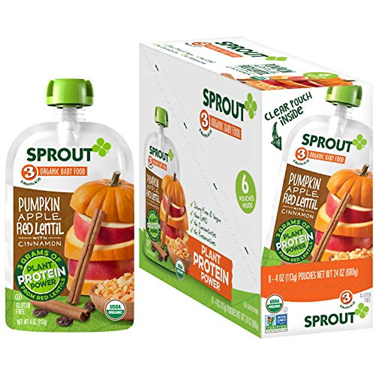 Sprout Organic Baby Food, Stage 3 Pouches, Pumpkin & Red Lentil Plant Powered Protein, 4 Oz Purees (Pack of 6)