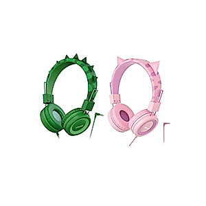SIMJAR Dinosaur & Cat Ear Kids Headphones with Microphone for School, Volume Limiter 85/94dB, Wired Girls Headphones with Foldable Design for Online Learning/Travel/Tablet/iPad