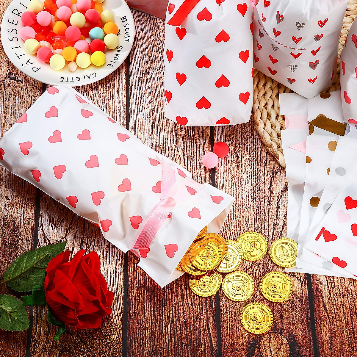 50 Pieces Treat Bags Valentines Day Cookie Goodies Bags Hearts Plastic Drawstring Candy Wrapping Bags for Wedding Party Bridal Engagement Favors, 5 Styles