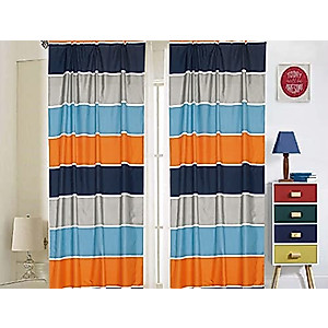 Sapphire Home 2 Panel Curtain Set, Vibrant Multi-Color, Blue Orange Gray Stripes Print Multicolor Boys Kids Girls Teen Room Décor, (Curtain, Navy/Orange)