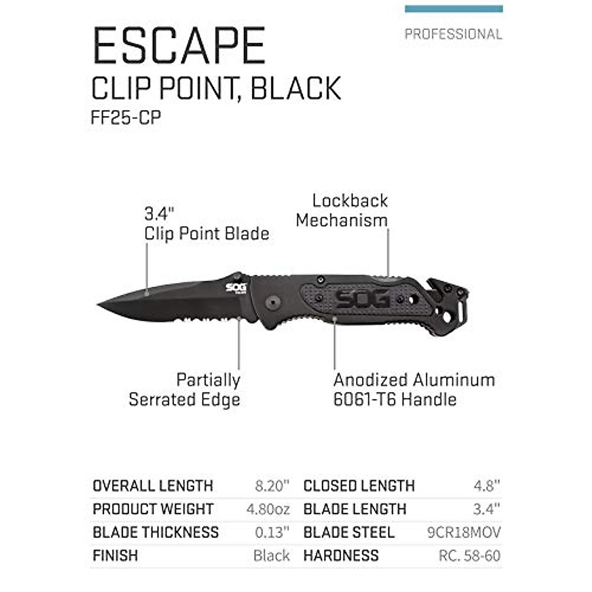 SOG Escape Tactical Folding Knife- 3.4 Inch Serrated Edge Blade Emergency Pocket Knife with Glass Breaker, Wire Stripper and Line Cutter Blades-Black (FF25-CP)