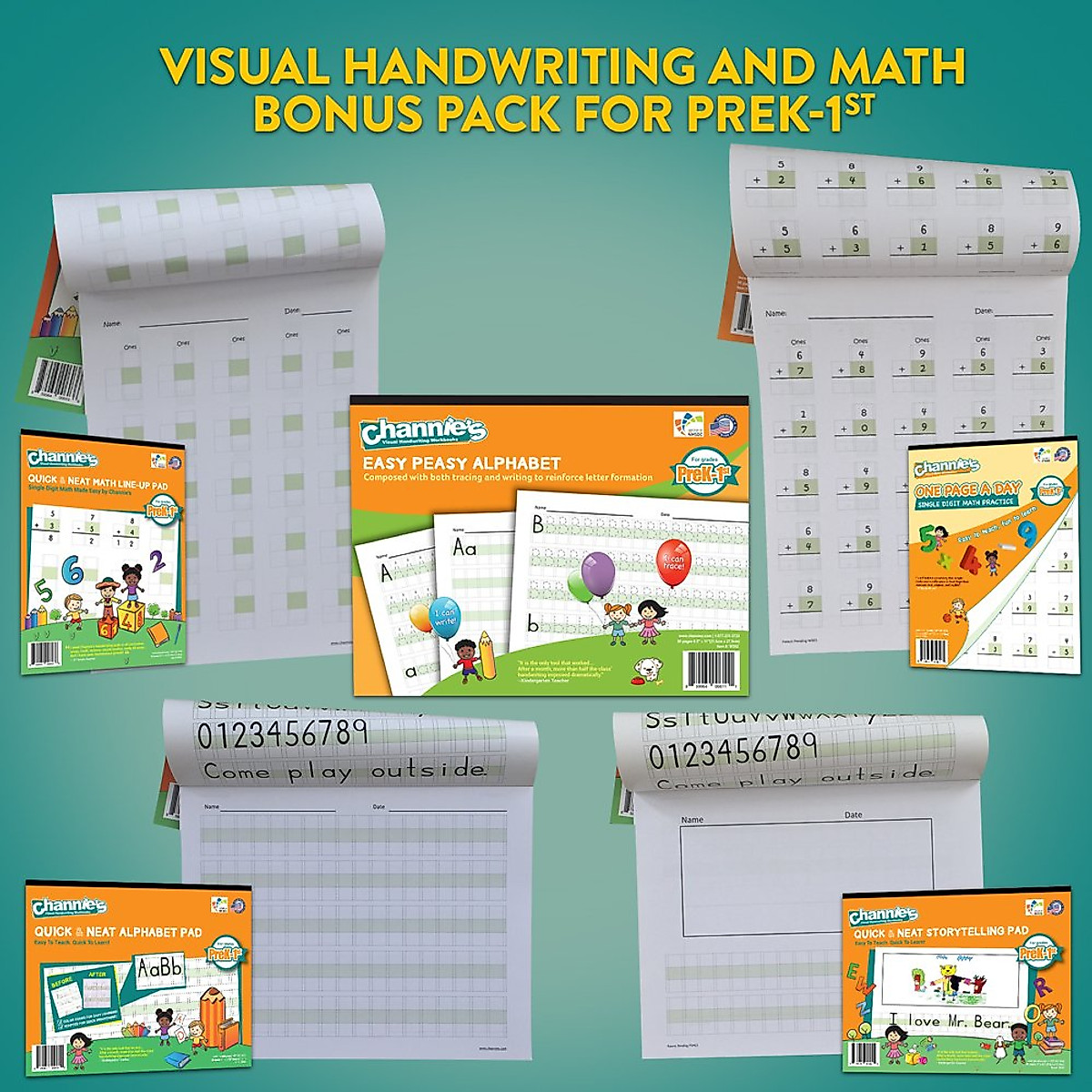 Channie’s All-in-One Visual Handwriting & Math Workbook Set for Pre-Kindergarten - 1st Grade Elementary School Students (5 Pack)