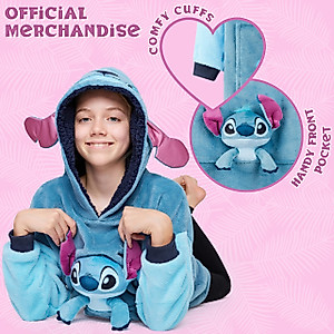 Disney Stitch Fleece Hoodie Blanket with Plush Toy for Teenagers Eeyore Angel Minnie Mouse Kids Oversized Hoodie (Blue Stitch)