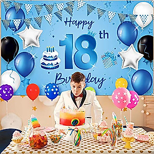 Happy 18th Birthday Backdrop Banner Extra Large Fabric Blue 18th Birthday Sign Poster Photography Background Backdrop Banner for 18th Birthday Anniversary Party Decorations Supplies, 72.8 x 43.3 Inch