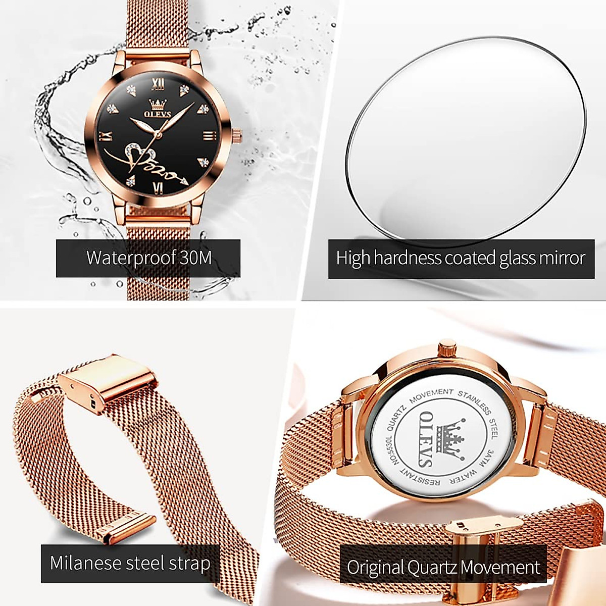 OLEVS Womens Watches Rose Gold Mesh Strap Fashion Dress Quartz Waterproof Luminous Watches for Women Bracelet Sets Black Face