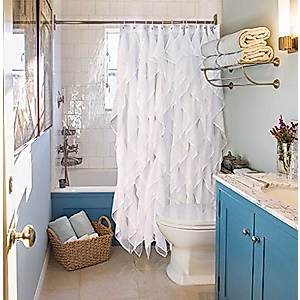 REISEN White Ruffle Shower Curtain Fabric/Cloth Farmhouse Bathroom Sheer Shower Curtain, 70in Long