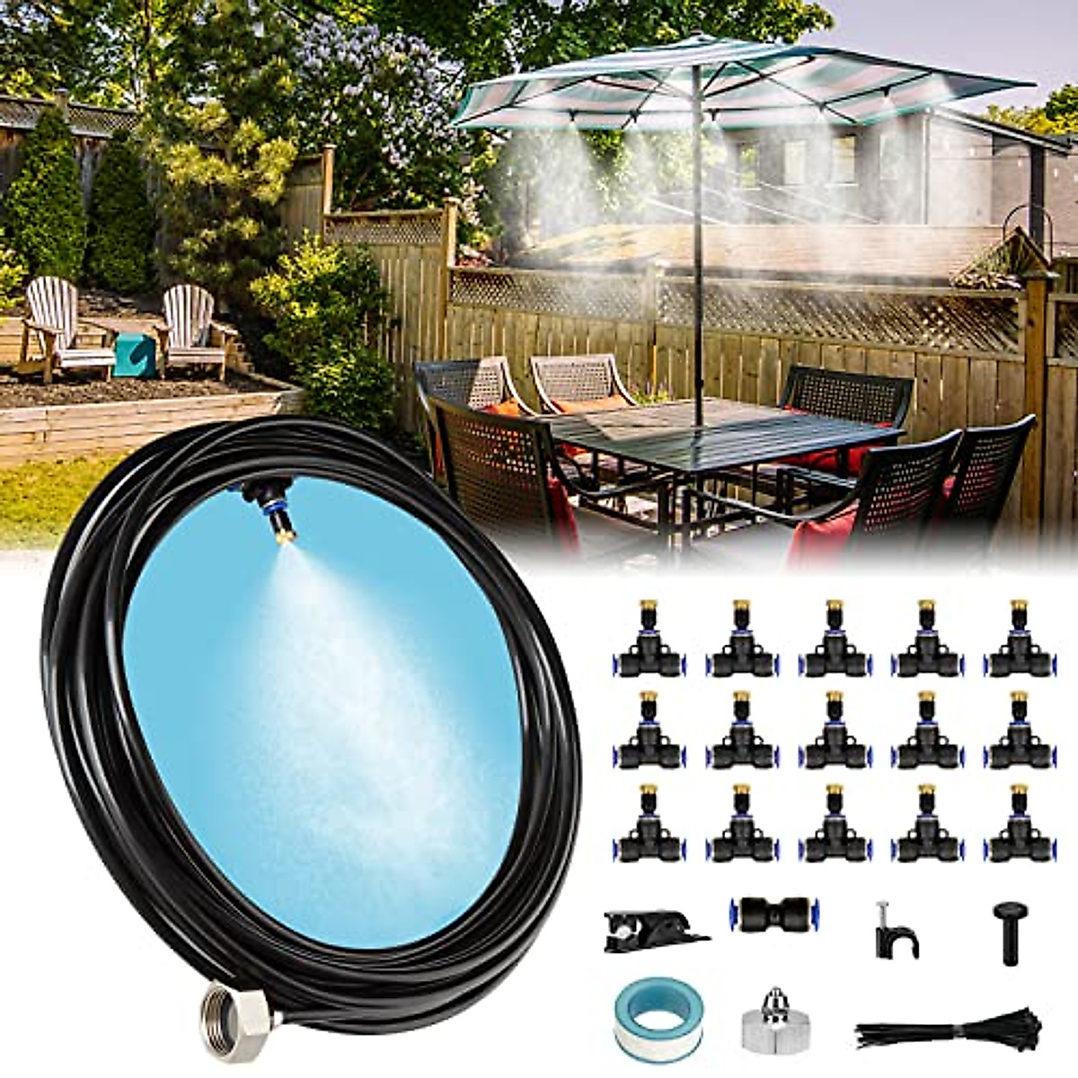 BORCARFT Misters for Outside Patio, Misting Cooling System for Patio, 50FT (15M) Misting Line+15 Mist Nozzles+3/4" Brass Adapter, Outdoor Water Mister System for Patio Garden Greenhouse Trampoline