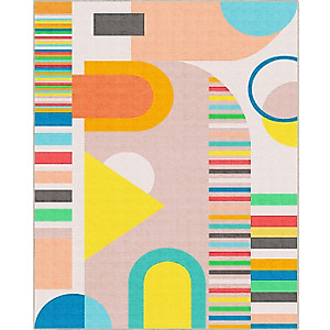 Well Woven Geometric Modern Flat-Weave Washable 7'10" x 9'10" Area Rug - Multi Color Bright Geometric Abstract - for Living Room, Dining Room and Bedroom
