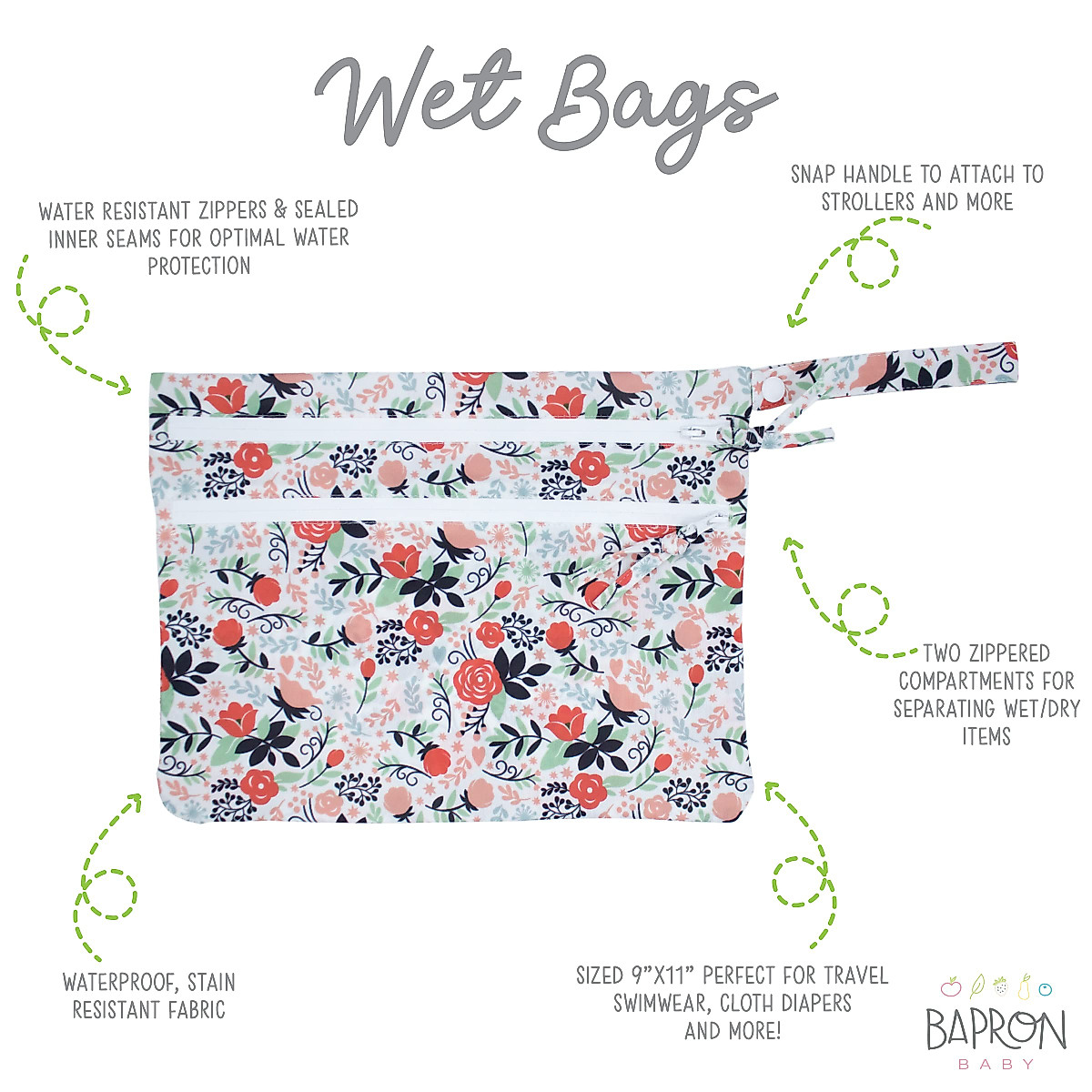 BapronBaby Vintage Rose Wet Dry Bag - Waterproof Two Zipper Pockets - Reusable for Mealtime, Diapers, Stroller, Snacks, Swimsuits - Machine Washable - 11" x 9"