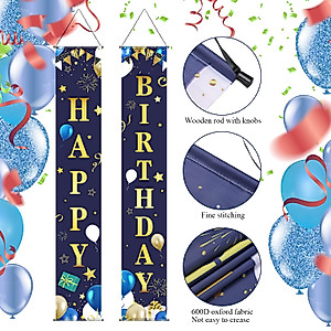 Frienda Happy Birthday Door Banner Navy Blue and Gold Birthday Decorations Birthday Backdrop for Men Boy Happy Birthday Porch Sign Party Supplies for 15th 18th Birthday Decor