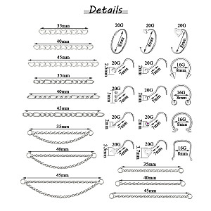 LOREMOW 38Pcs 316L Stainless Steel Nose Chain for Women Men Heart Nose Ring Chain Double Nose Chain Piercing Across Nose CZ Nose Piercing Stud Nostril Jewelry Silver S