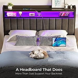 Rolanstar Headboard for Queen Size Bed with Storage, 60,000 DIY Color of LED Light, Head Board with USB & Type C Port, Height Adjustable, Black Upholstered Cabeceras de Cama Comfortable Modern, Linen