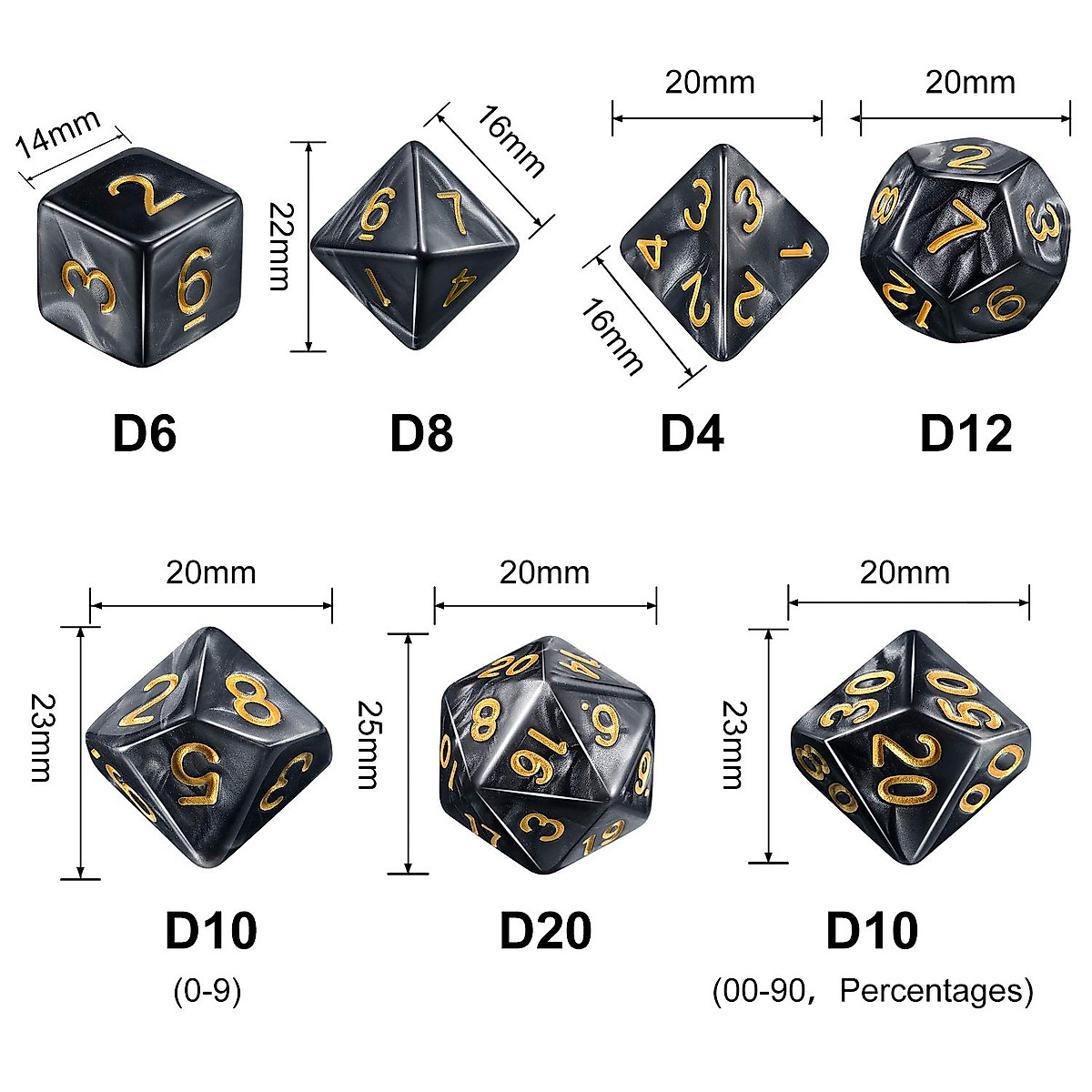 EBOOT Polyhedral 7-Die Dice Set for Dungeons and Dragons with Black Pouch (Black Gray)
