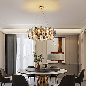 HOSSEE Round Crystal Chandelier Light Fixture, Modern K9 Crystal Pendant Lighting, Gold Chandelier for Dining Room Living Room Bedroom Foyer