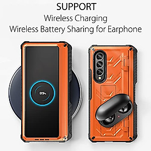 FONREST Rugged Case Armor for Samsung-Galaxy-Z-Fold-3 w/Built-in [Kickstand] [S Pen Holder] [Screen Protector] [Hinge Protection], Heavy Duty Shockproof Protective Cover NOT FIT Z Fold4/2 (Orange)