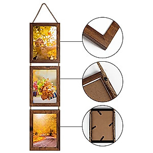 Lavezee 5x7 Collage Triple Picture Frames Set, Walnut Brown 6 Opening Hanging Vertical Frame Made to Display 5 by 7 Inch Photo Print for Wall Decor