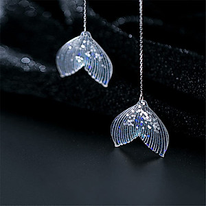 Dainty Ocean Mermaid Tail Threader Dangle Earrings for Women 925 Sterling Silver Acrylic Sequins Fishtail Long Curved Line Wave Wire Drop Dangling Stud Earring Retro Birthday Cosplay Party Y2K Jewelry