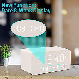 Andoolex Wooden Digital Alarm Clock with Wireless Charging, 0-100% Adjustable Brightness Dimmer and Volume, Weekday/Weekend Mode, Dual Alarm, Snooze, 12/24H, Wood LED Clock for Bedroom (White)