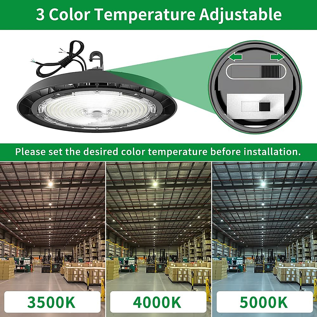 UFO LED High Bay Light with Sensor Base, 120-277Vac, 180W to 240W Adjustable Watt and CCT 3500K to 5000K, IP65 Commercial Bay Lights with 6ft Wire, 0-10V Dim Warehouse Lighting, ETL Listed, 2PK