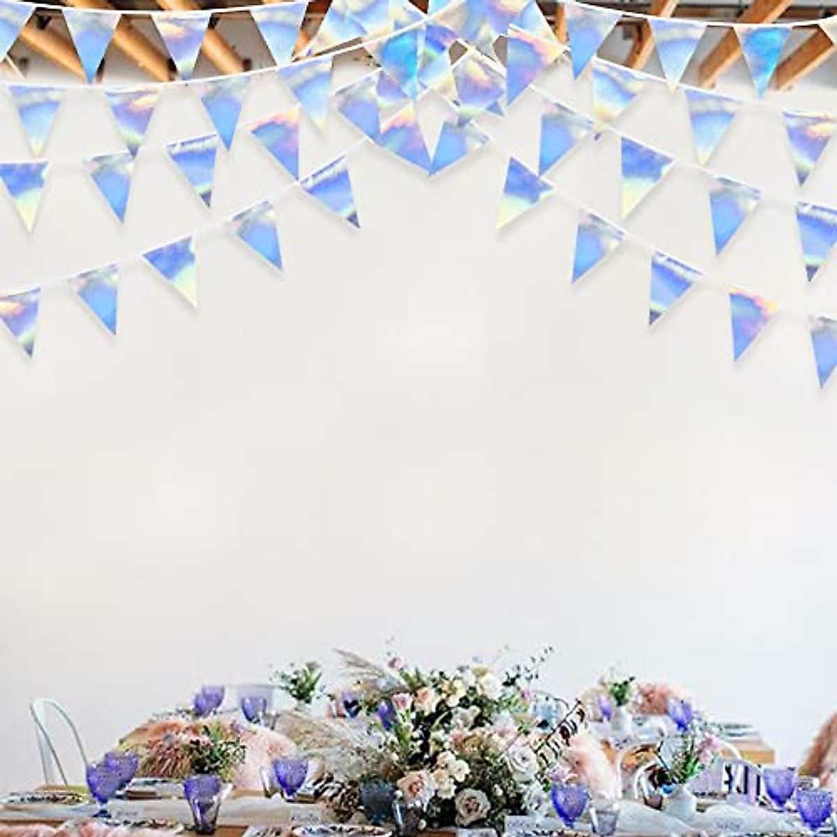 33Ft Iridescent Party Decoration Holographic Fabric Triangle Pennant Banner Flag Cotton Bunting Garland for Birthday Wedding Bridal Shower Bachelorette Engagement Disco Euphoria Galaxy Party Supplies