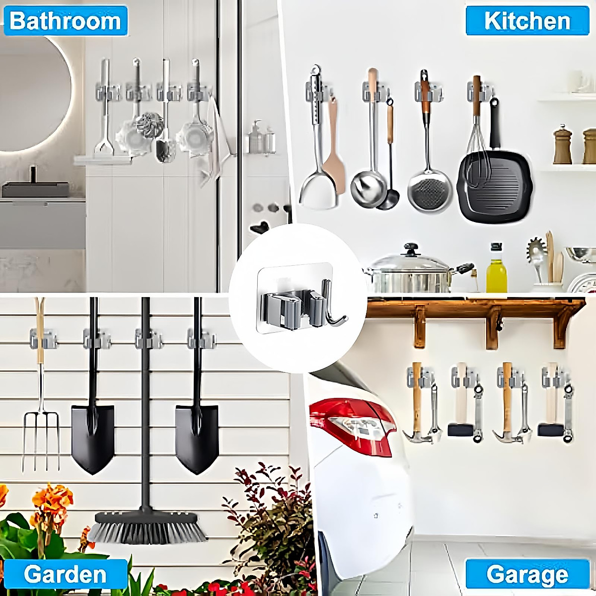 Meamaz 3pcs Punch-Free Broom and Mop Holder No Drilling Wall Mount Self Strong Adhesive Holder Tool with Hook Multi-purpose Organizer for Kitchen Bathroom Garden Laundry Room