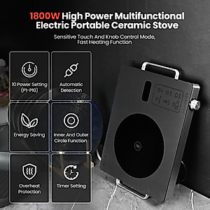 VEXMAECY Portable Ceramic Cooktop Infrared Hot Plate,Stainless Steel Countertop Burner With Double Rings Heating Dual Control 10 Power 3H Timer Electric Stove For Cooking 1800W(Gray)