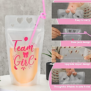 36 Pcs Gender Reveal Drink Pouch Cups with Straws Plastic Stand up Drink Pouch Bags Hand Held Translucent Reclosable Zipper Juice Pouches Team Boy Team Girl Gender Reveal Party, Pink and Blue, 17 oz