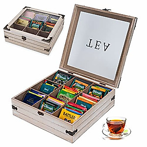 AHUONEL Tea Box Organizer Tea Bag Holder, 9 Compartments Rustic Tea Storage Box, Tea Chest Tea Organizer Container for Tea Bags, Creamers, Sugar, Coffee Pods, Instant Coffee Packets (Gray)