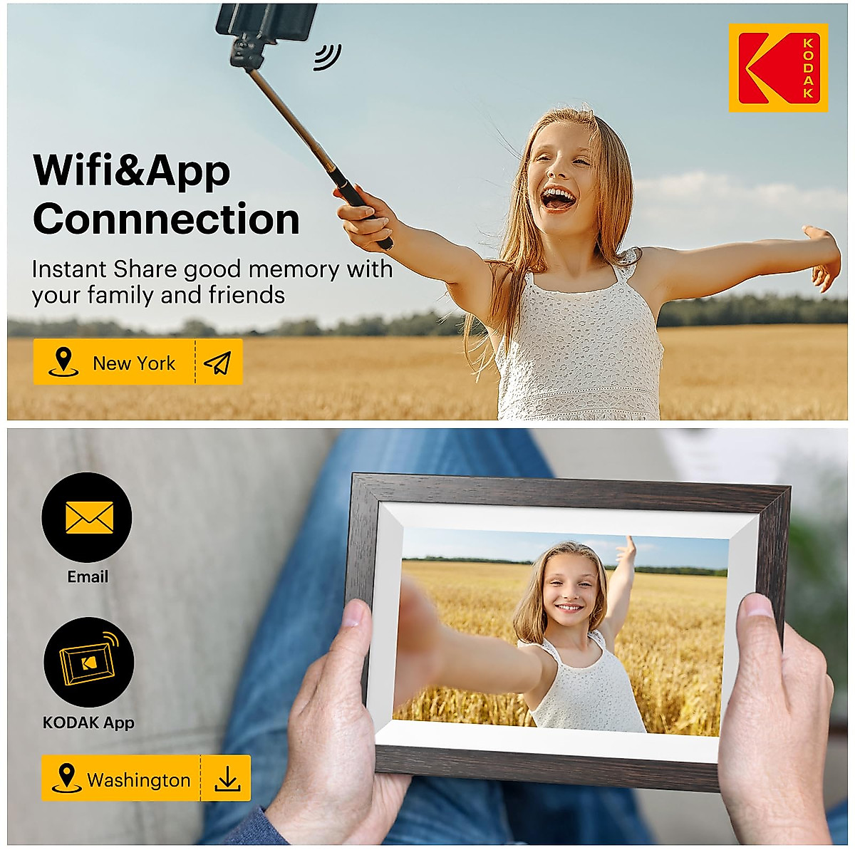 KODAK 10.1 Inch WiFi Digital Picture Frame with 32GB Storage, Electronic Smart Digital Photo Frame 1280x800 IPS Touch Screen, Auto-Rotate, Share Moments Instantly via KODAK App from Anywhere Anytime