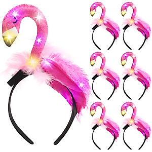Solsew 6 Pcs LED Hawaii Flamingo Headband Pink Light up Flamingo Headdress Flamingo Accessories 3D Glowing Headwear Hair Hoop Animal Cosplay Hairband for Adult Women Hawaiian Summer Party