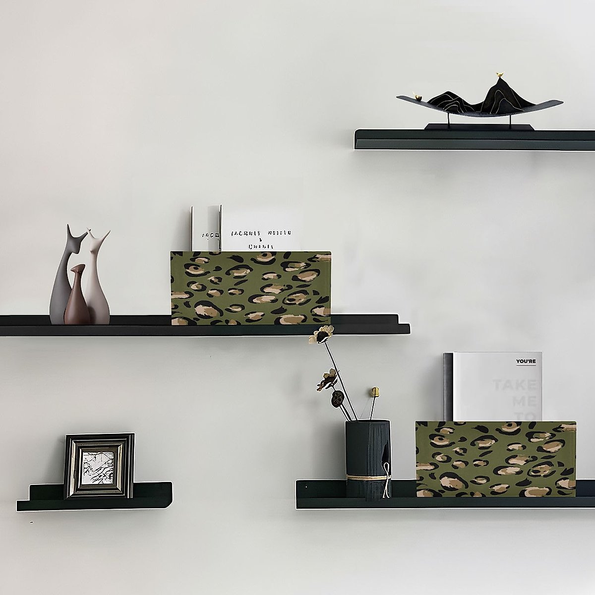 Kigai Hunter Green Leopard Storage Basket for Shelves, Foldable Open Storage Bins with Double Handle, Set of 2 Rectangular Felt Storage Organizer Boxes for Office Desk Home