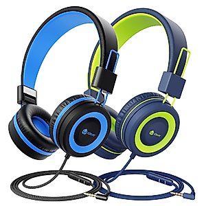 iClever [2 Pack] Kids Headphones with Microphone for Online Schooling - Safe Volume Limited 85dB/94dB, Adjustable Foldable Headphones for Girls/Boys/Airplane/Computer/Laptop