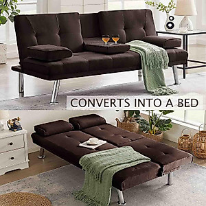100% Fabric Linen Upholstered Futon Sofa Bed with 2 Cupholders/Legs/Removable Armrest, Modern Convertible Sleeper Couch, Upholstered Loveseat for Small Spaces, Memory Foam Living Seat, Brown