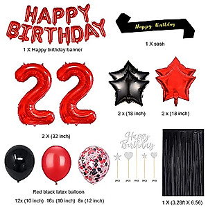 Fancypartyshop 22ND Birthday Party Decorations Supplies Red Black Later Balloons Happy Birthday Cake Topper Sash Foil Black Curtains Foil Star Balloons Number Red 22