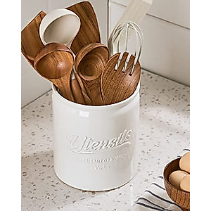 Getstar Utensil Holder for Kitchen Counter (7.2” x 6.2”) , Large Kitchen Utensil Holder with Protective & Non-Slip Cork Mat, Ceramic Cooking Utensil Holder (White)