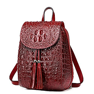 Women Small Genuine Leather Backpack Purse Crocodile Designer Bag (Wine Red)