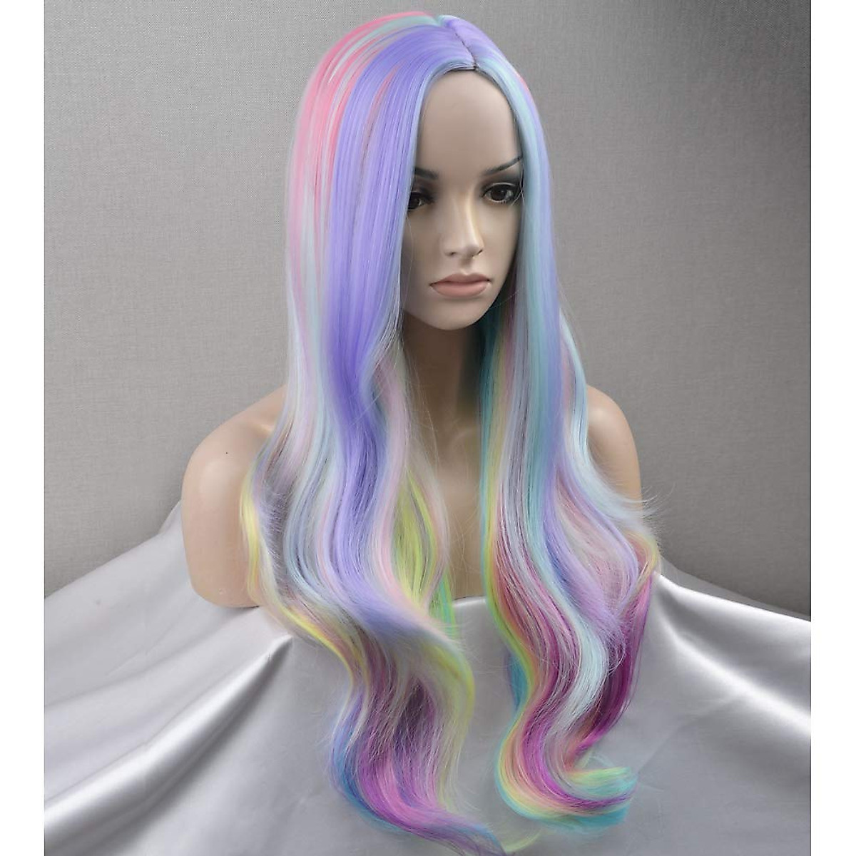 RightOn Rainbow Wig Long Curly Wig Multi-Color Wig Charming Full Wigs for Cosplay Girls Party or Daily Use Wig Cap Included