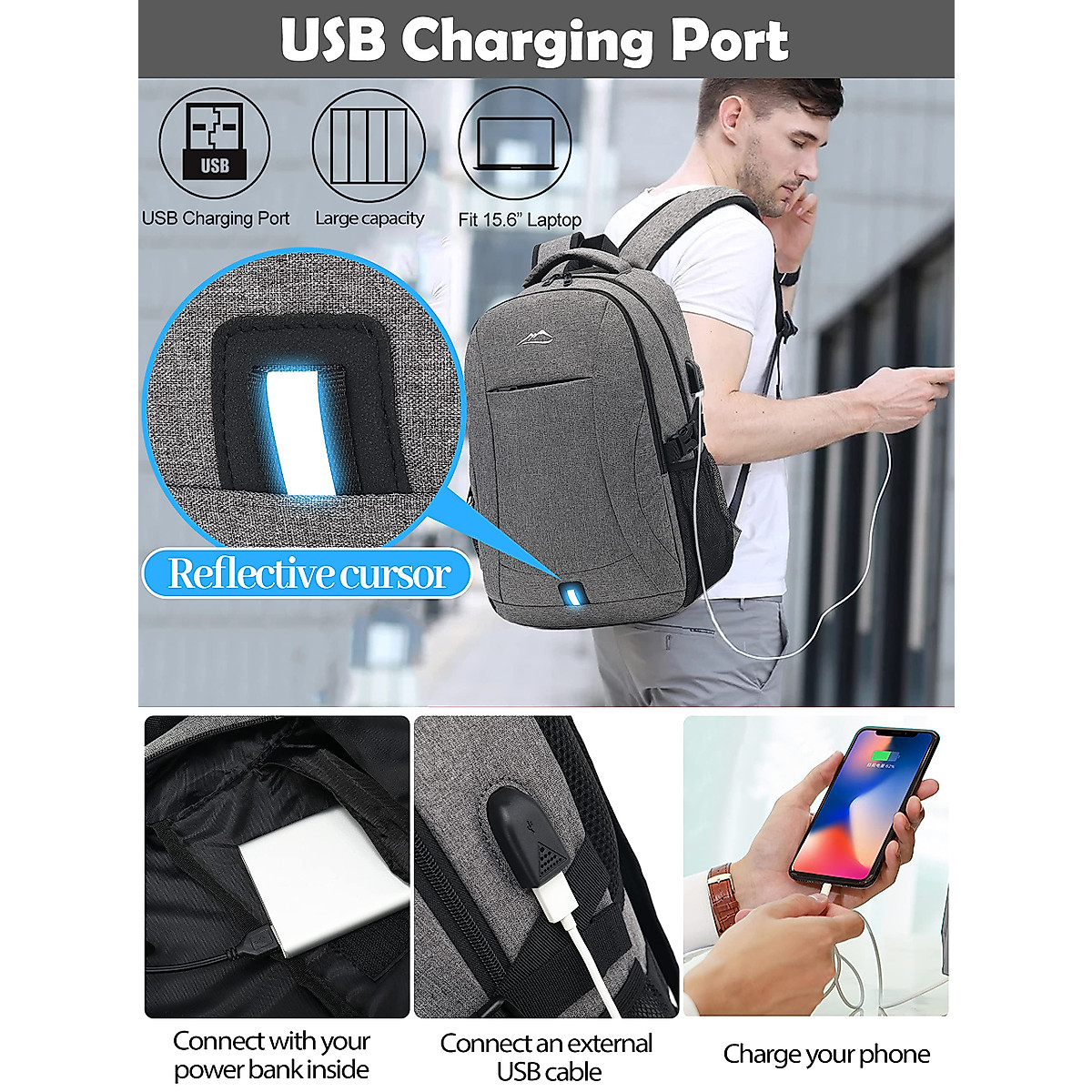 ProEtrade Laptop Backpack, Business Travel Anti Theft Bookbag with USB Charging Port for School College Work Computer Bag Daypack Fit 15.6 Inch Notebook, Gifts for Men Women Teen (Grey)