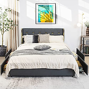 Giantex Upholstered Bed Frame with 4 Drawers, Queen Size Linen Bed Frame, Heavy-Duty Noise-Free Bed Frame, Easy Assembly, No Box Spring, Grey