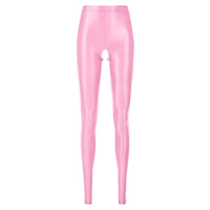 MSemis Woman Oil Silk Opaque Pantyhose Shiny High Waisted Hollow Out Tights Leggings Stockings Pants Pink Footless Large